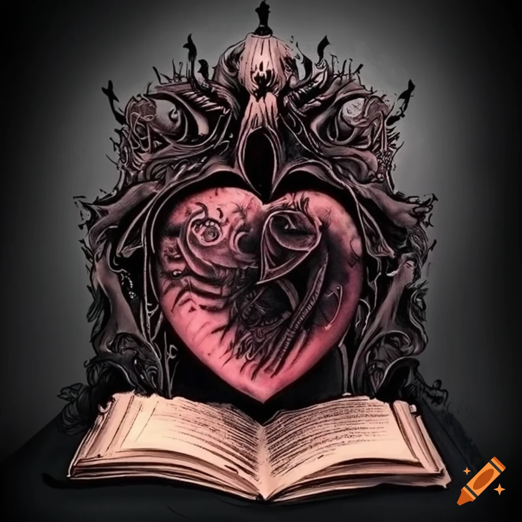 Gothic literature-inspired tattoo with dark heart and open book on Craiyon