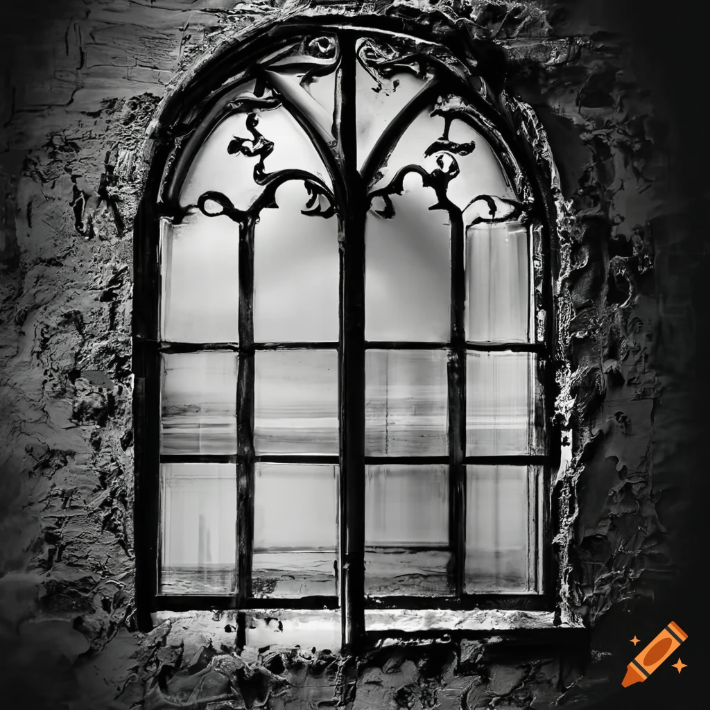 Black and white gothic iron window with warped clear glass on Craiyon