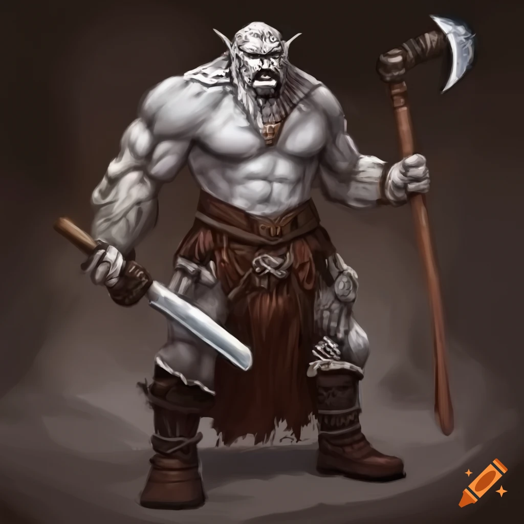 D&D Goliath barbarian with grey skin and blue eyes wielding an axe on ...
