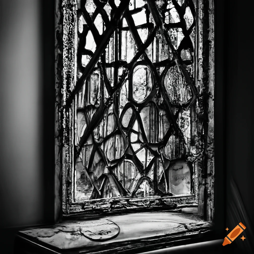 Black and white gothic iron window with warped clear glass on Craiyon