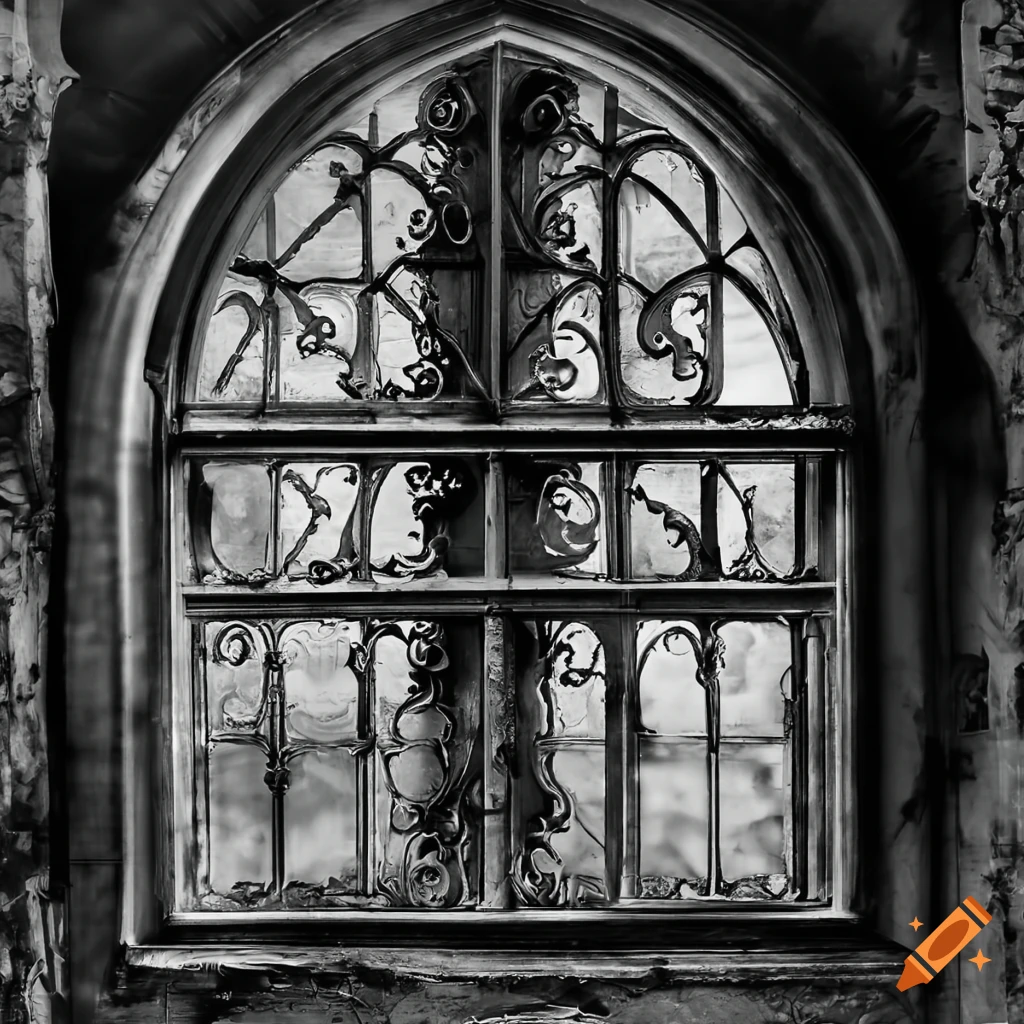 Gothic iron window with warped glass and ivy in black and white on Craiyon