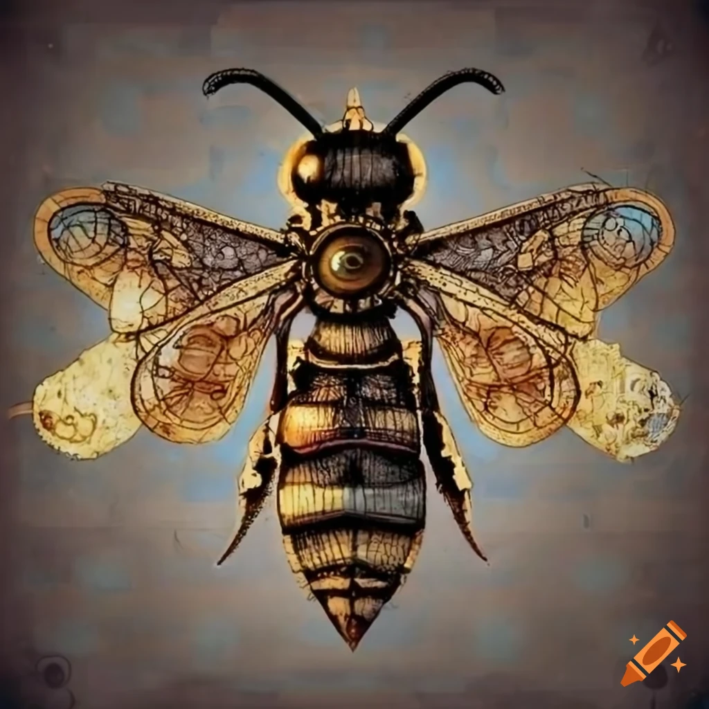 Steampunk blueprints of a detailed bee with clouds and ink spots on Craiyon