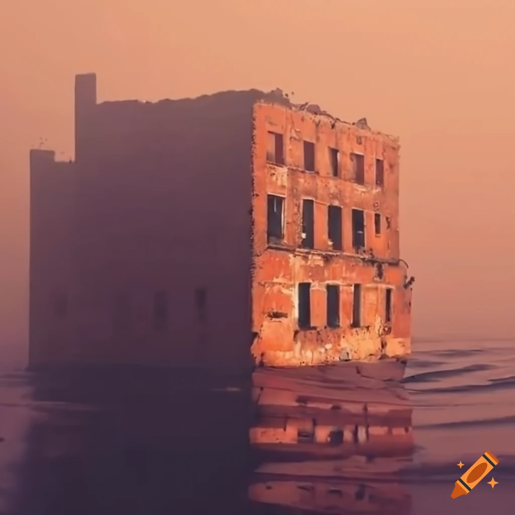 Close-up of abandoned brick buildings sinking into ocean in pale orange ...