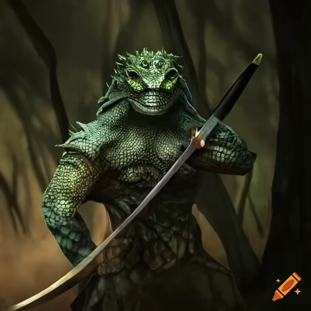 Warrior reptile with swords in a forest on Craiyon