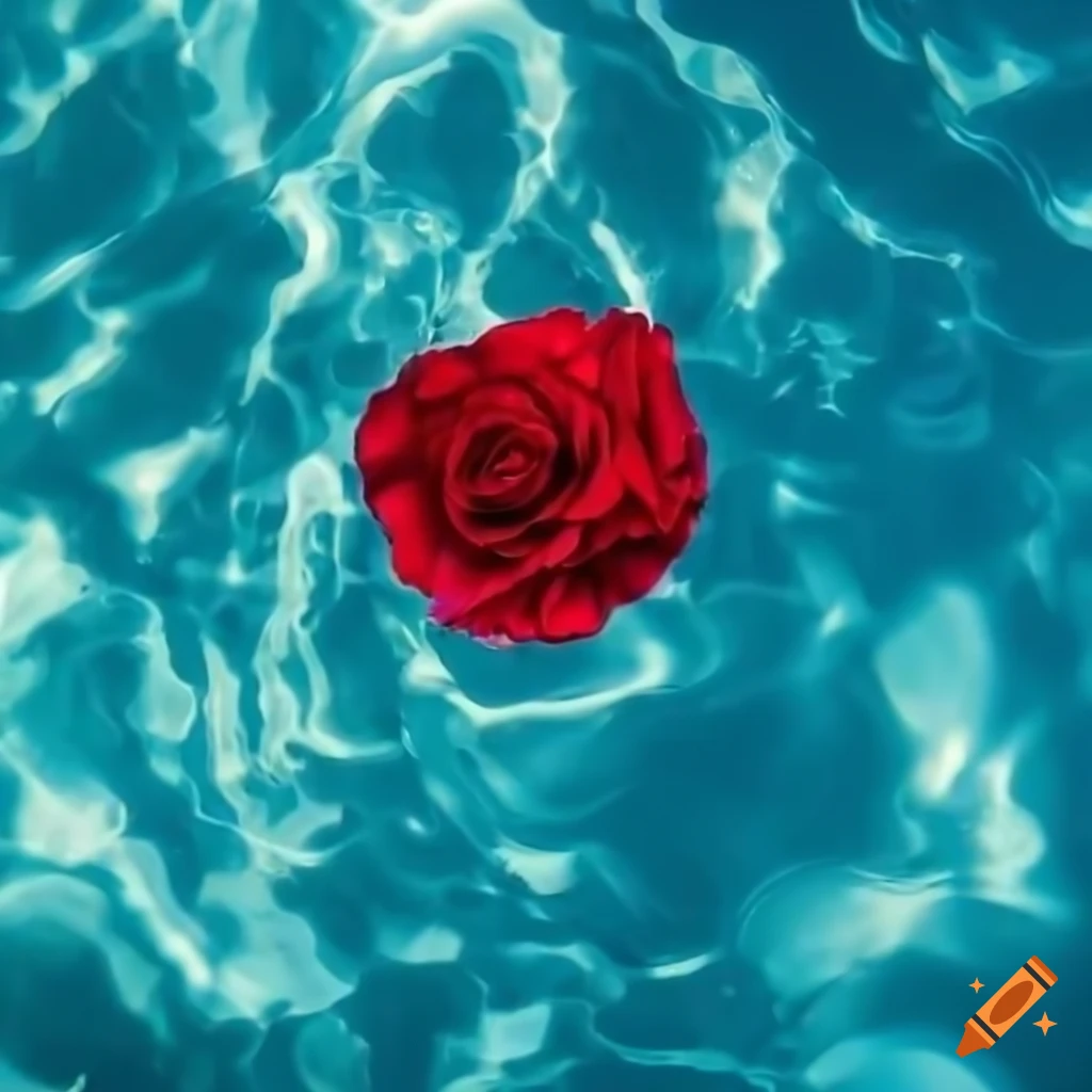Red rose floating in light blue water from a top-down view on Craiyon