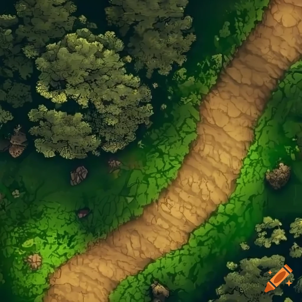Top down view of a forest path in dnd style on Craiyon