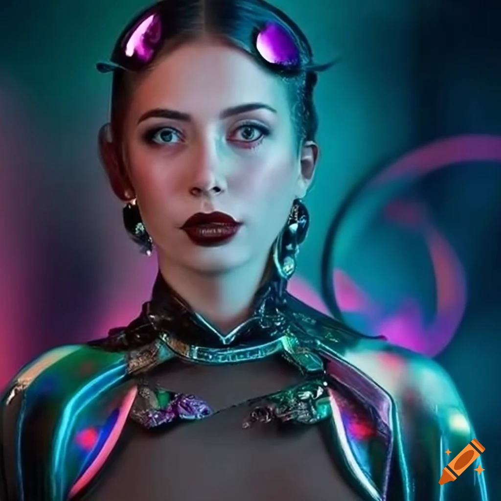 Stunning young woman in futuristic neo-dada outfit in a surreal neon ...