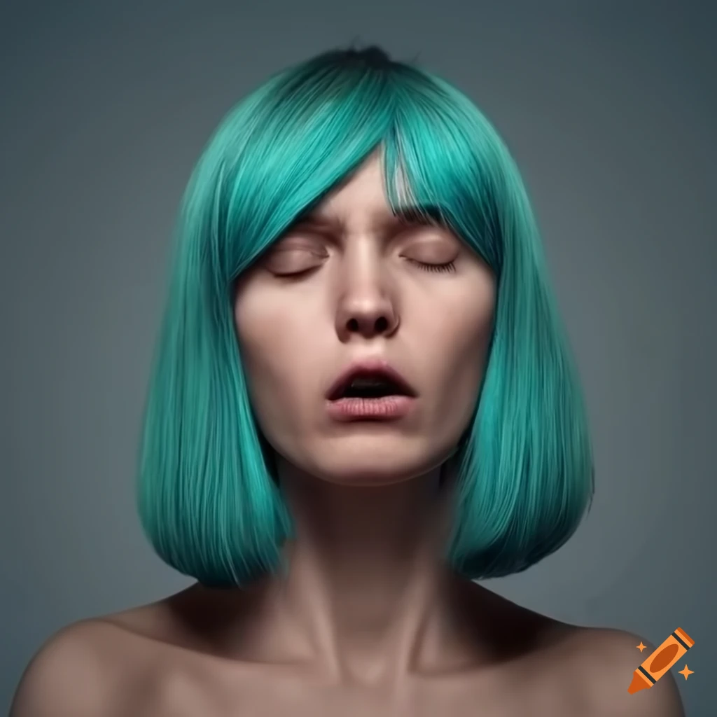 Surprised woman with teal bob hair and open mouth in a photorealistic ...