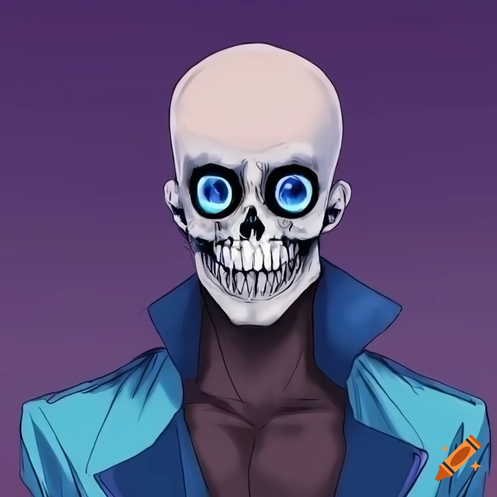 Anime-style handsome skeleton with flaming blue left eye and bald head ...