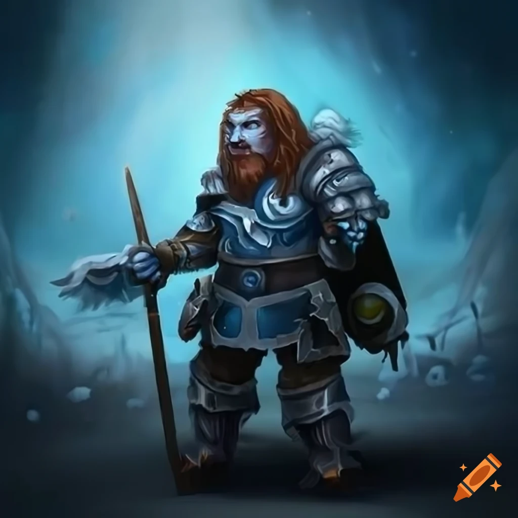 Snowy fantasy blue skin dwarf warriors with brown hair and fur armor on ...