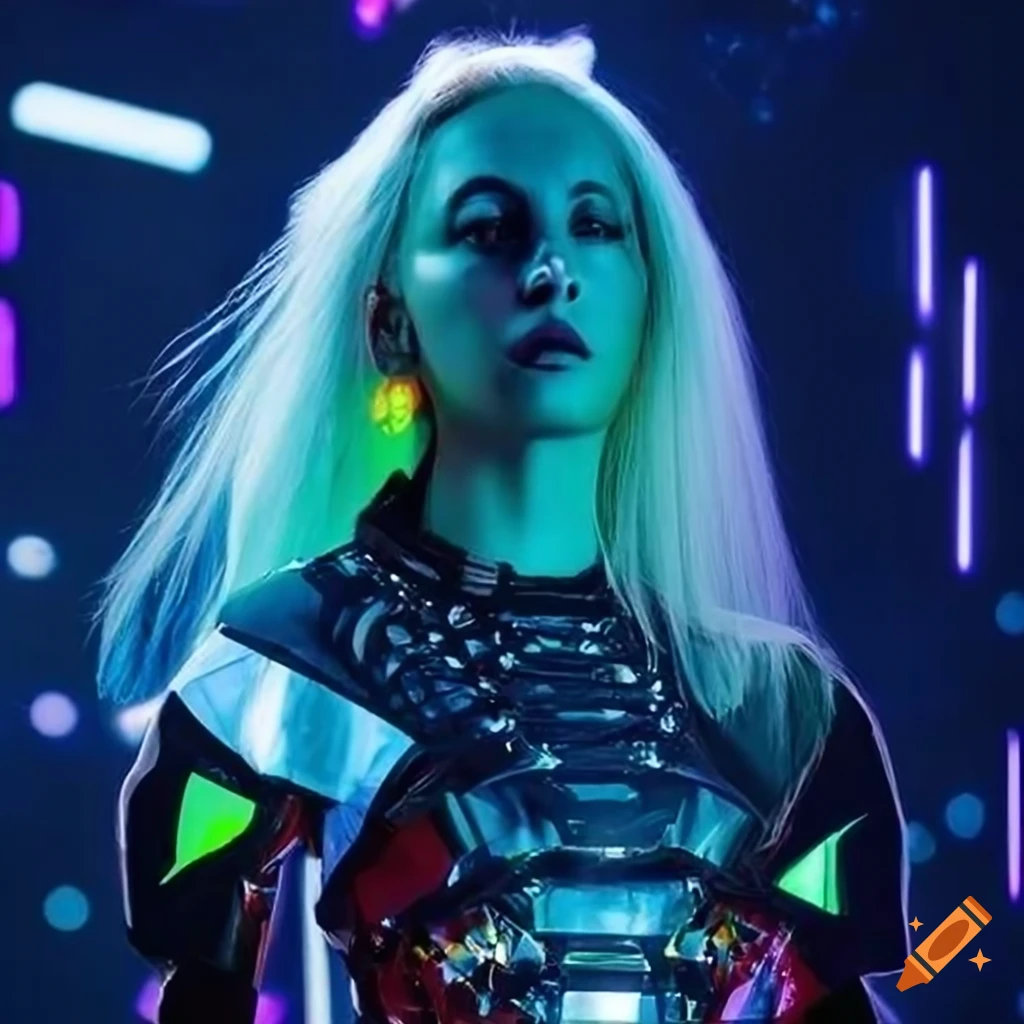 Stunning young woman in futuristic neo-dada outfit in a surreal neon ...