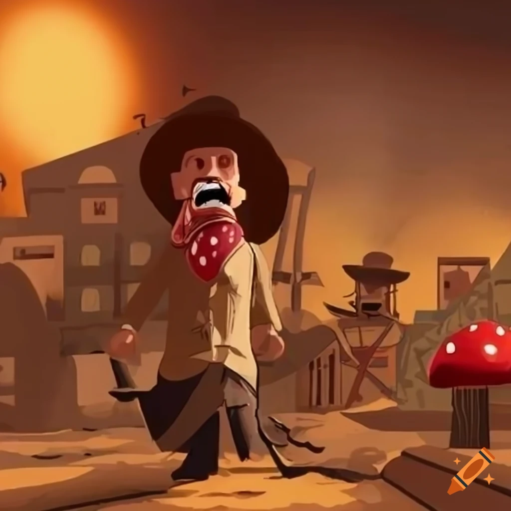 Cartoon western shootout with a man and a mushroom both wearing cowboy ...