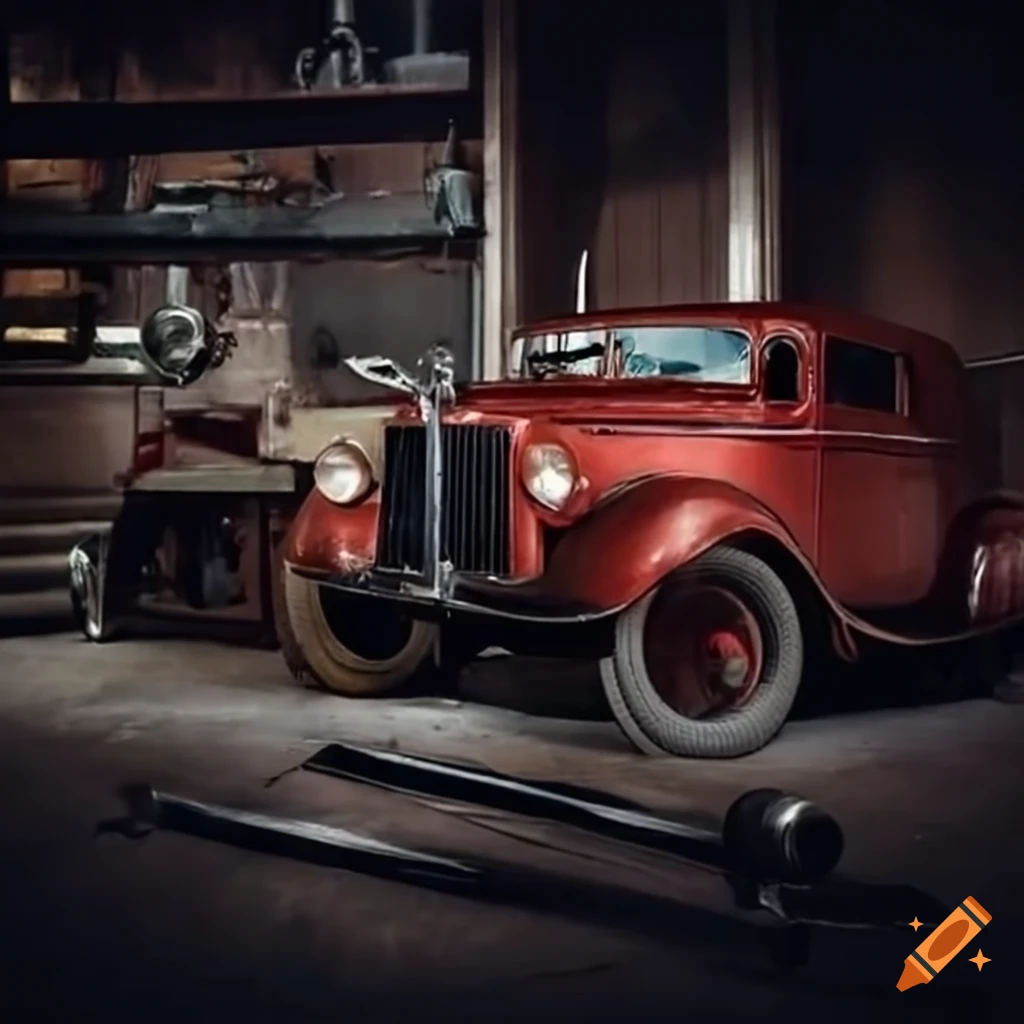 Vintage 1930s car workshop with workers on Craiyon