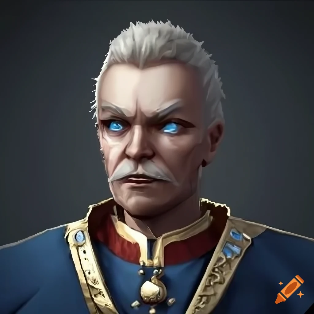 Middle aged king in admiral uniform with clear blue eyes in fantasy RPG ...