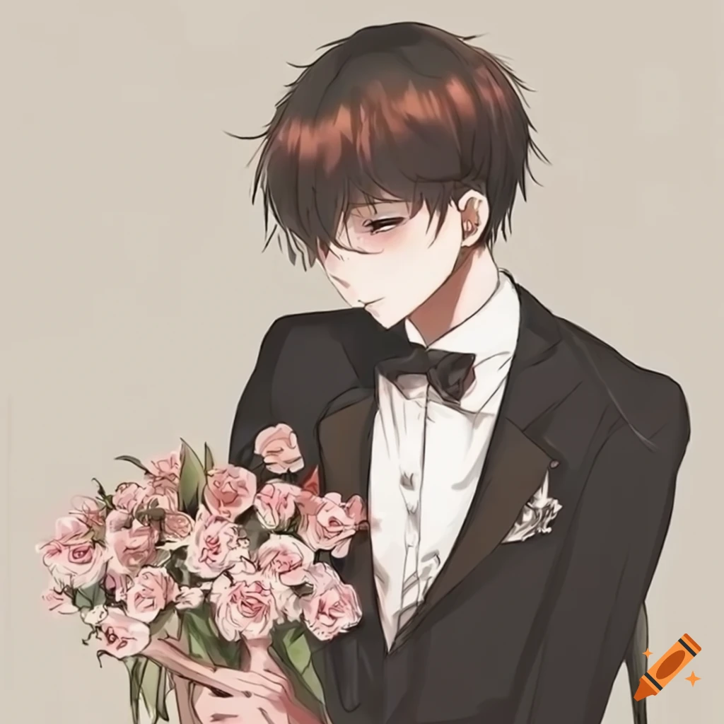 Aesthetic anime boy holding flowers as groomsmen on Craiyon