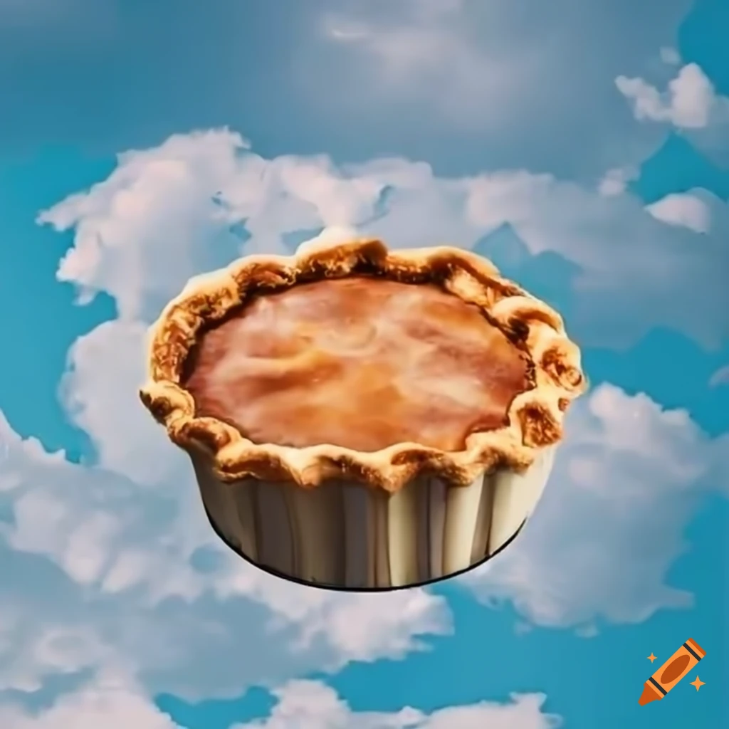 Pie with angel wings floating in a cloudy blue sky with 70s style on ...