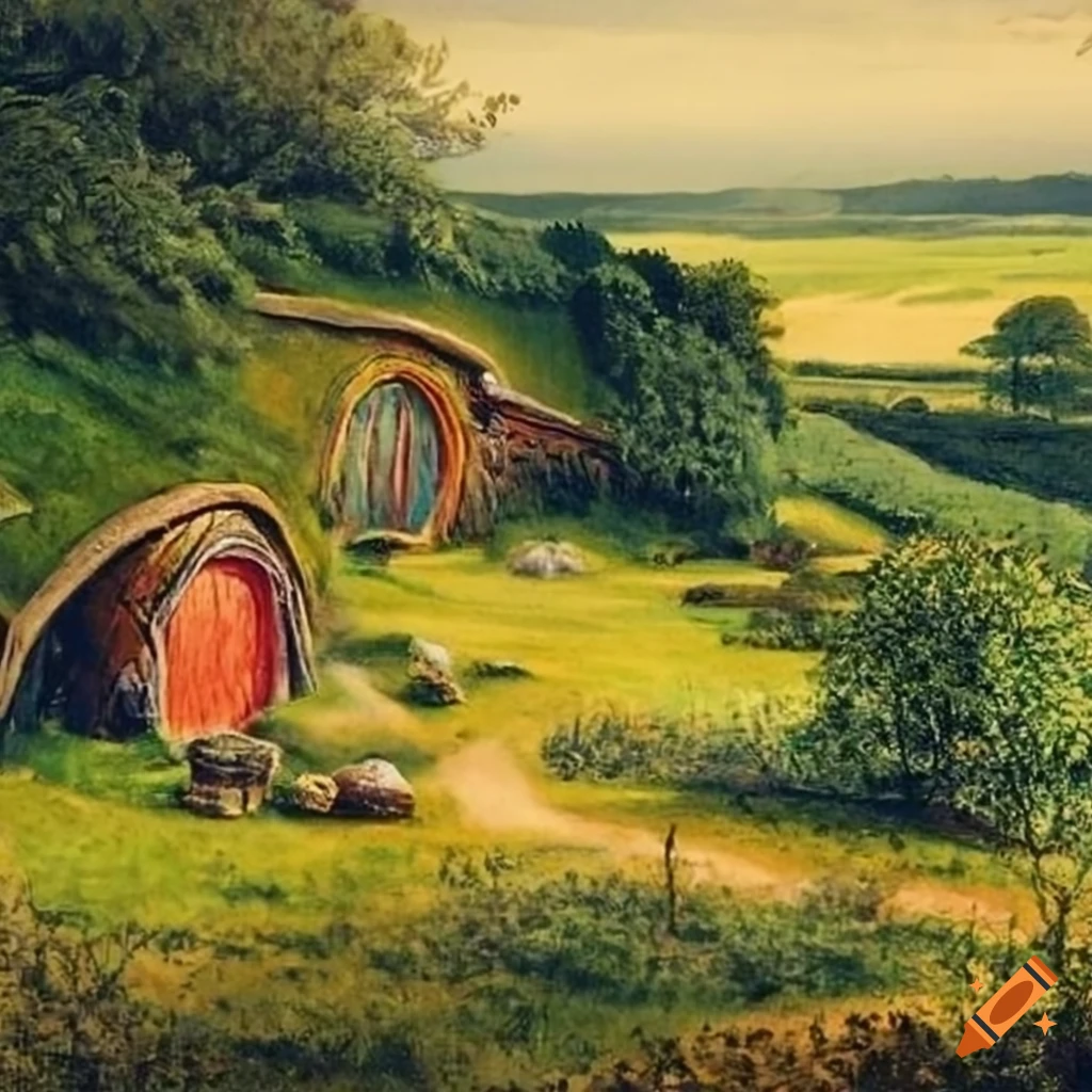 Vintage color print of the shire with hobbit holes and farmland on Craiyon