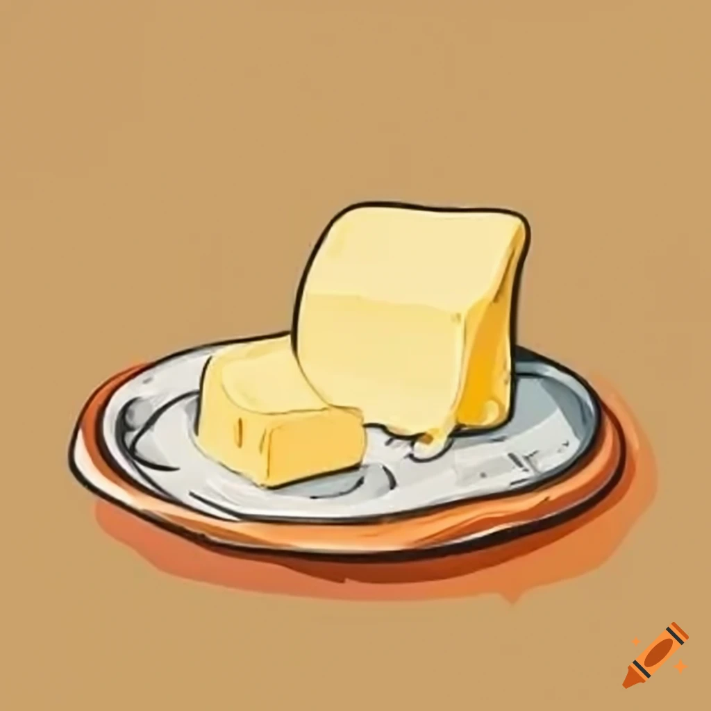 Butter on tray drawn with crayon on white background in comic style on ...
