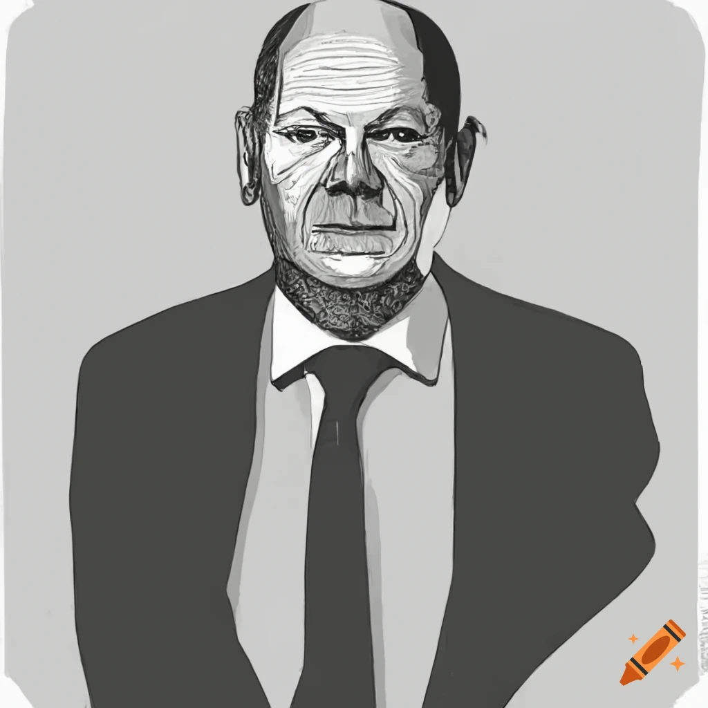 Drawing of German Chancellor Olaf Scholz in a black suit and white tie ...