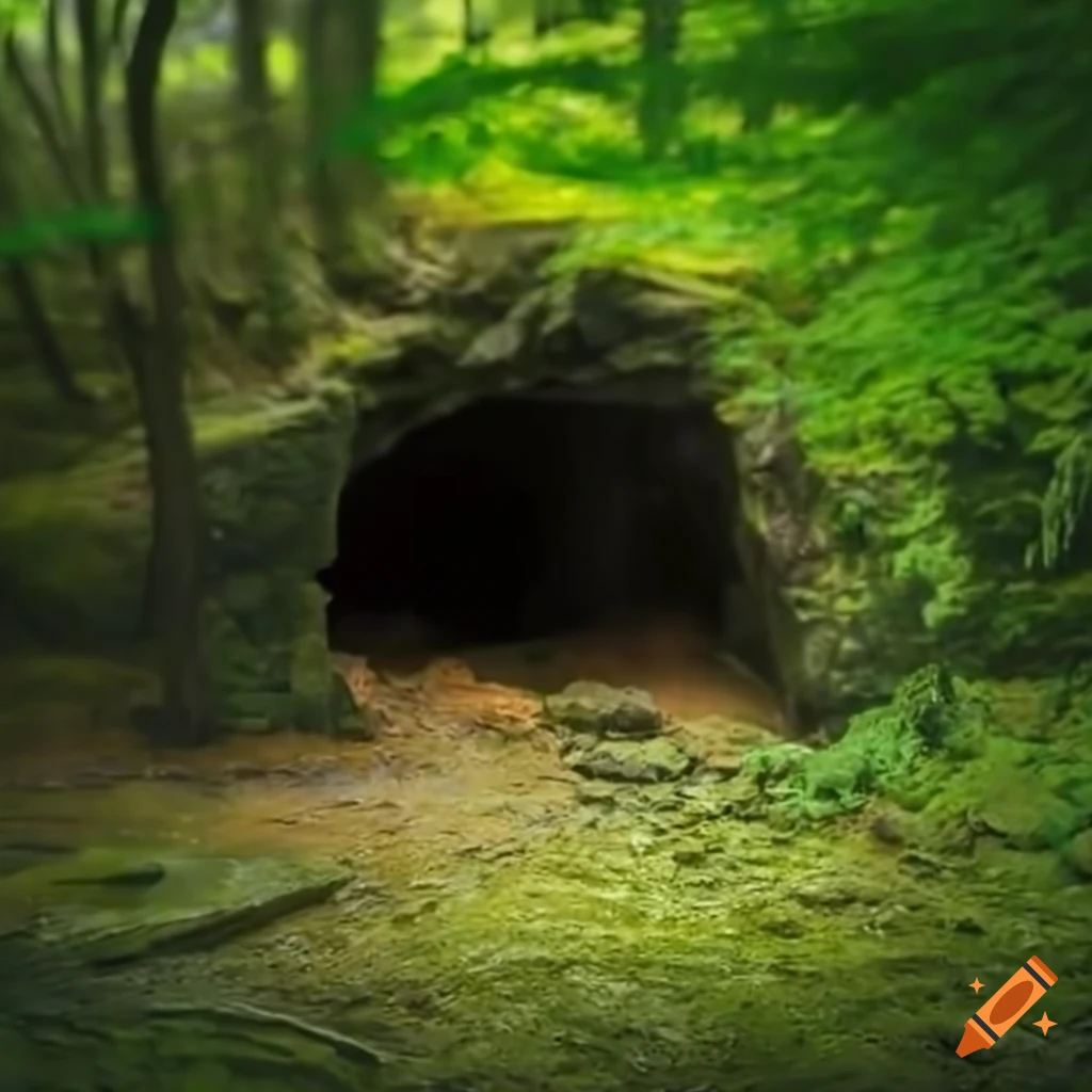 Small cave in a bright forest during daylight on Craiyon