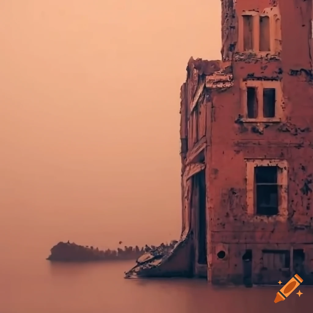 Close-up of abandoned brick buildings sinking into the ocean in a pale ...