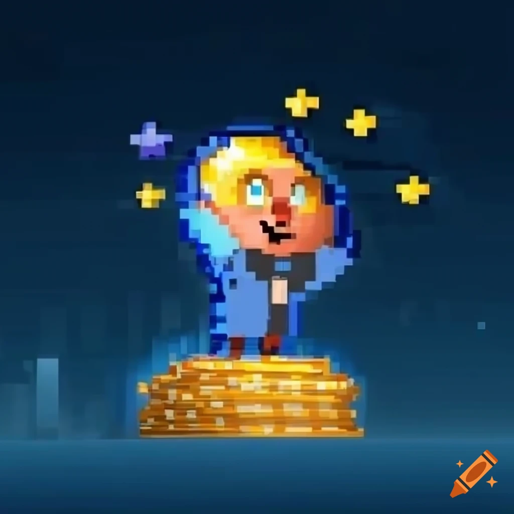 Pixel game screen with winning cartoon characters, stars, and extra ...