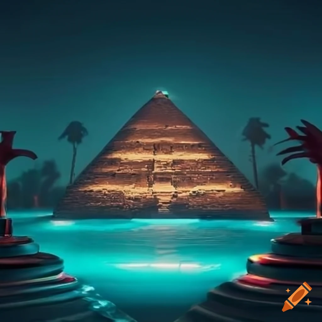Sci-fi style egyptian pyramid with neon lights and swimming pool on Craiyon