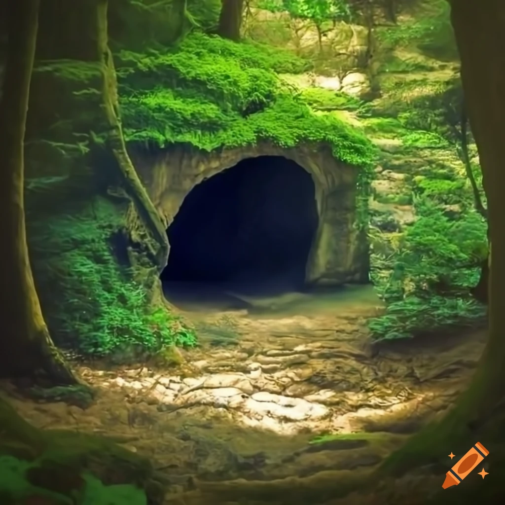 Small cave in a bright forest during daylight on Craiyon