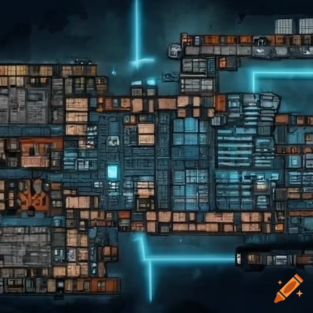 Top-down sci-fi war-gaming map of a single street space station city on ...