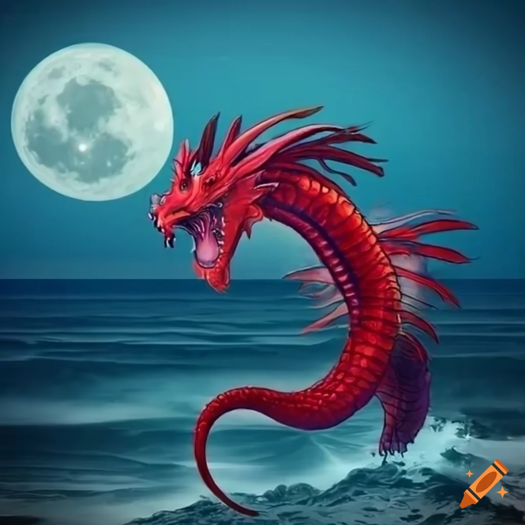 Red dragon with a riding mermaid over the ocean under a full moon on ...