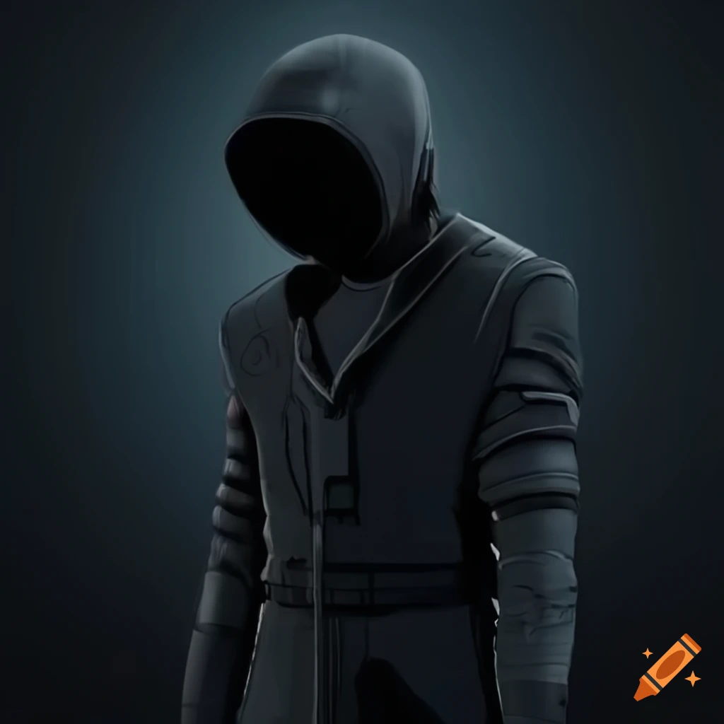 Mysterious figure in futuristic black outfit with ominous expression on ...