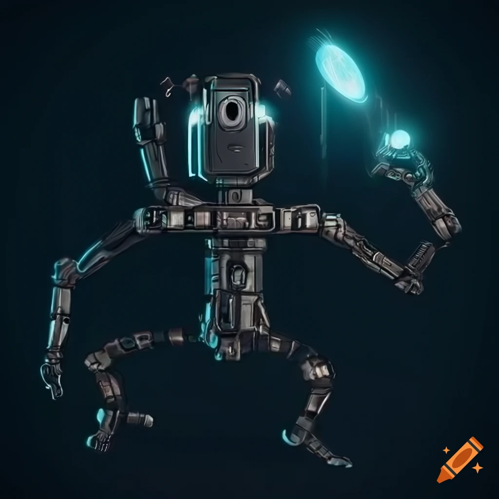 Sci-fi bio-mechanical gadget with arms and legs and camera eyes on Craiyon