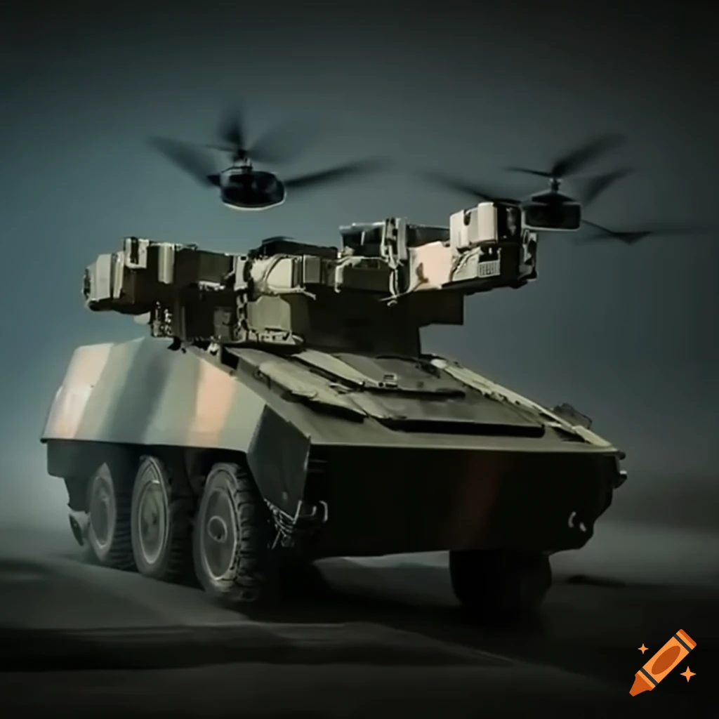 Armored transport vehicle releasing flying fpv drones on Craiyon