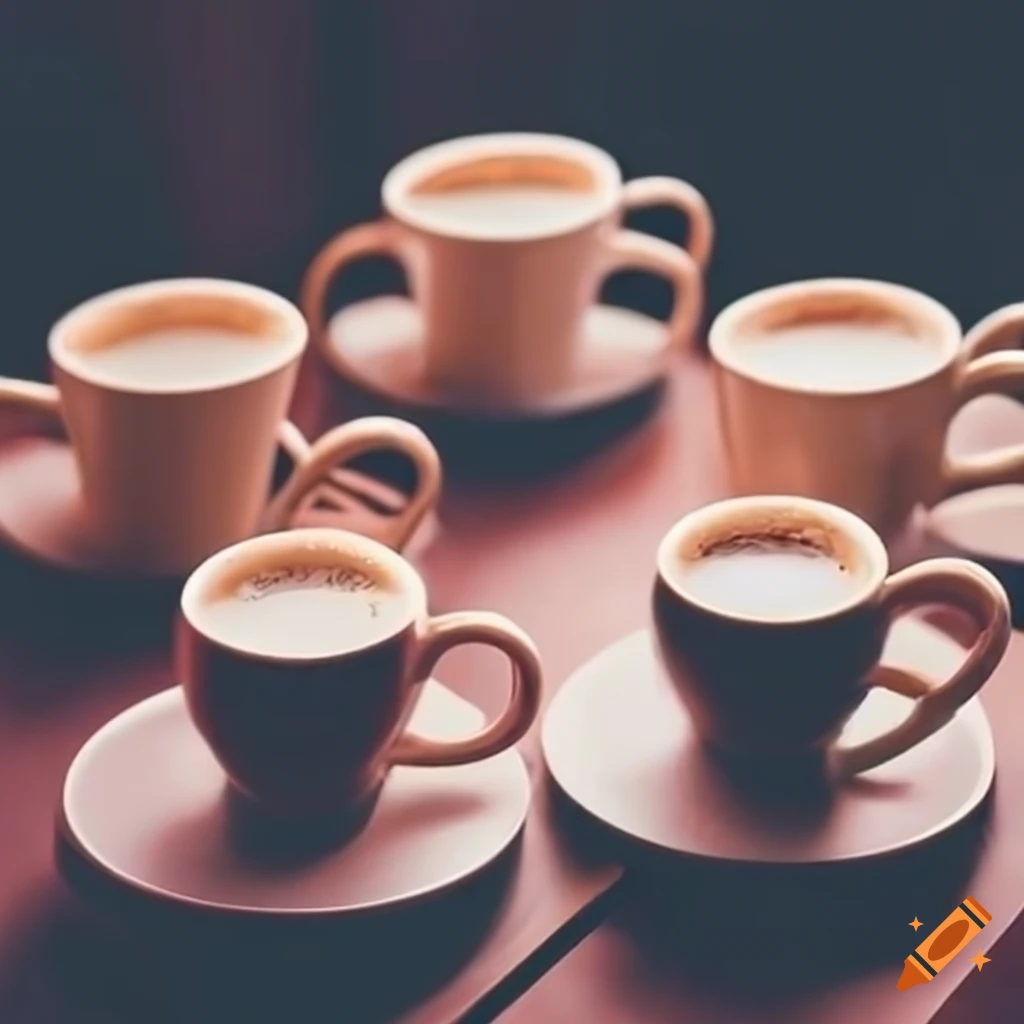 Group of coffee mugs with faces on an office table on Craiyon