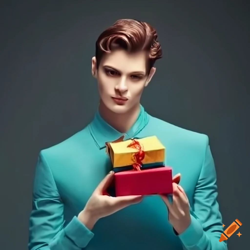 Male model presenting a colorful box of chocolates on Craiyon