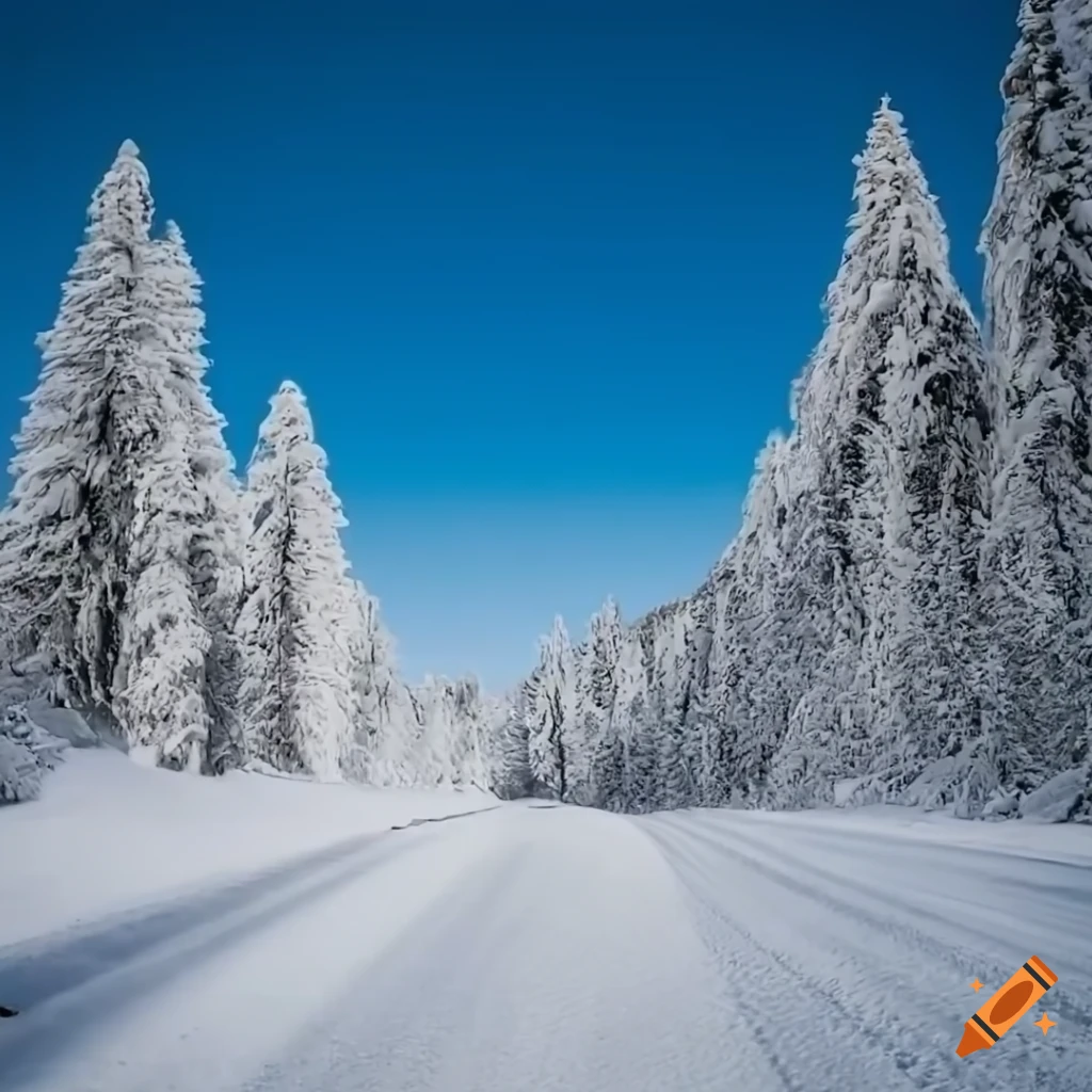 Snowy mountain roads with magnificent trees in 4k on Craiyon