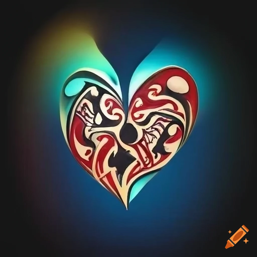 Hummingbird tribal art tattoo with Salish symbols in a heart shape on Craiyon