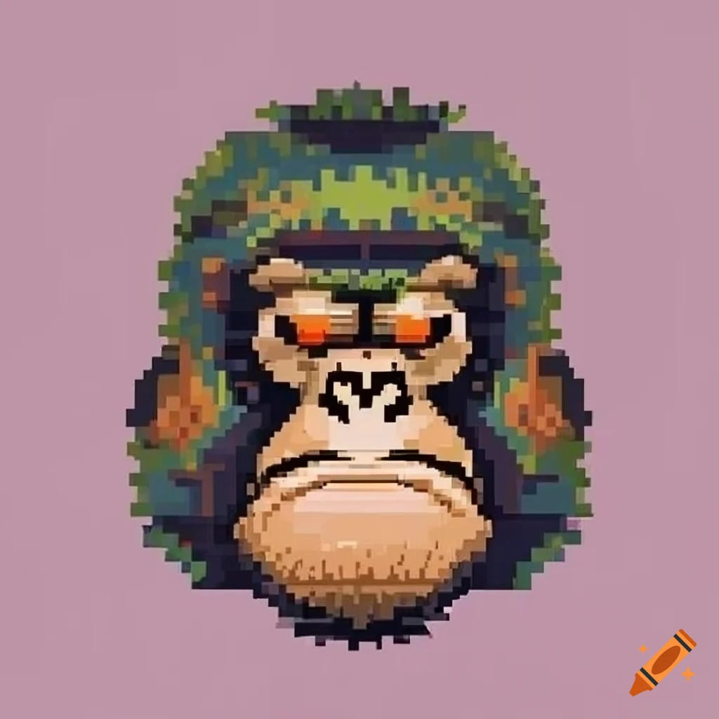 Mustachioed ape from classic video game in colorful patch design on Craiyon