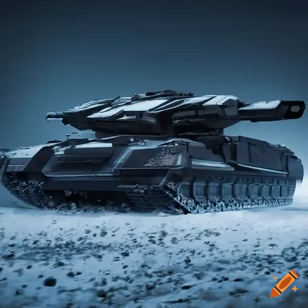 Sleek black battle tank with quad jet propellers navigating through the ...