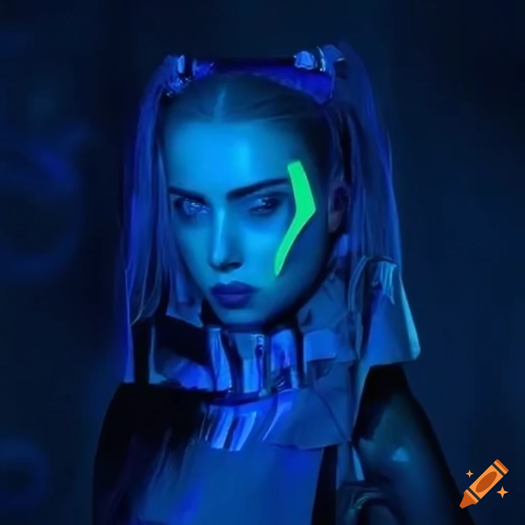 Stunning young woman in futuristic neo-dada outfit in a surreal neon ...