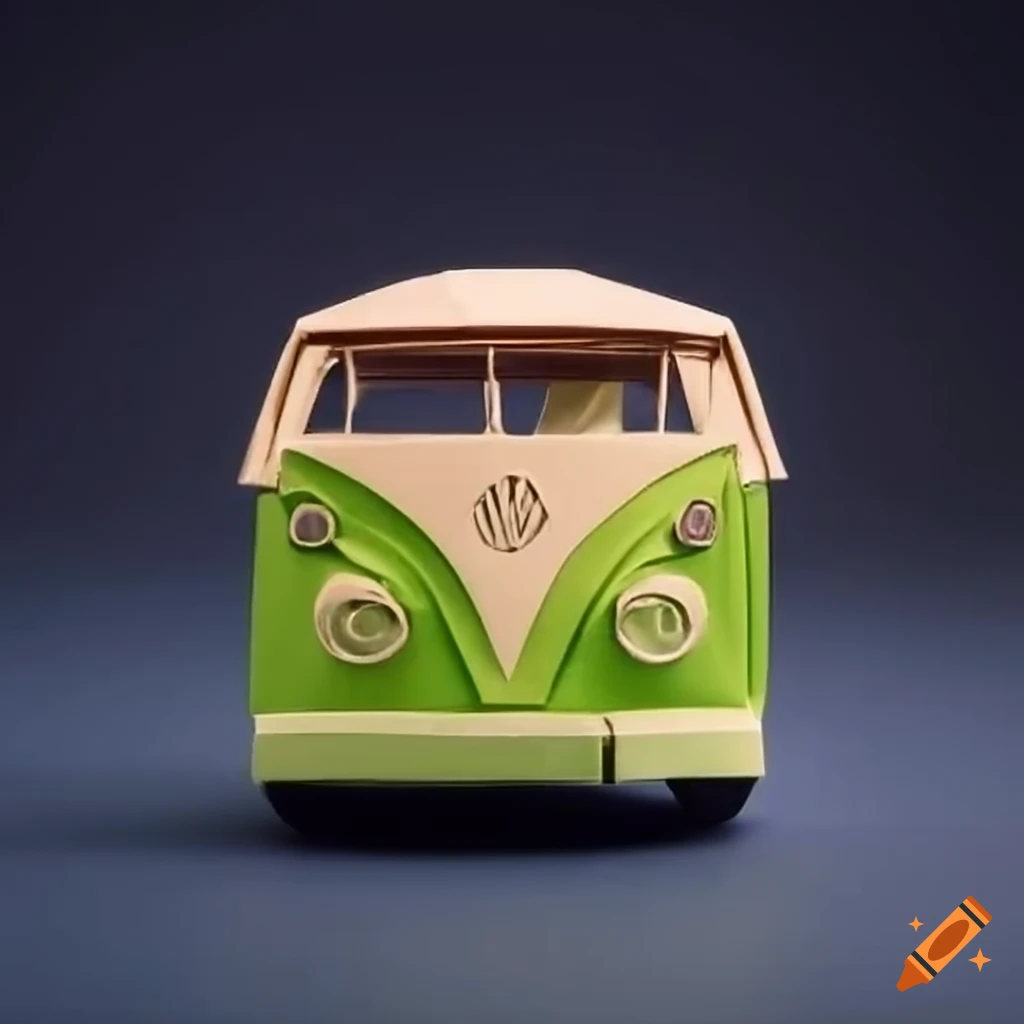 Colorful origami style volkswagen van with papers around on Craiyon