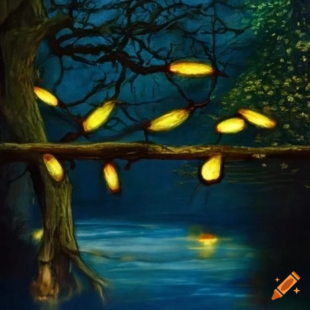 Fireflies on a tree branch at night with reflections in water, Burne ...