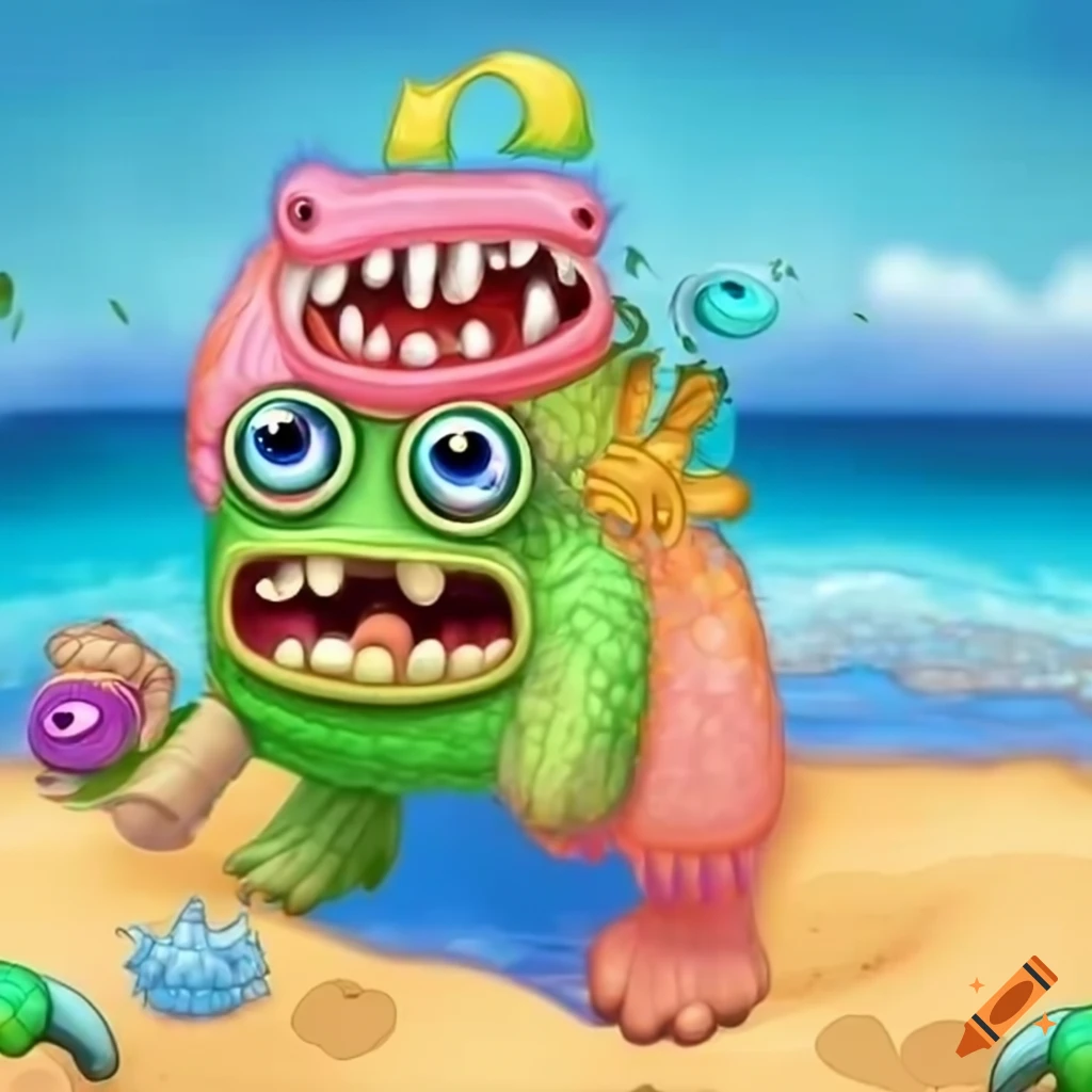 Cute singing monsters character on the beach with colorful wubbox ...