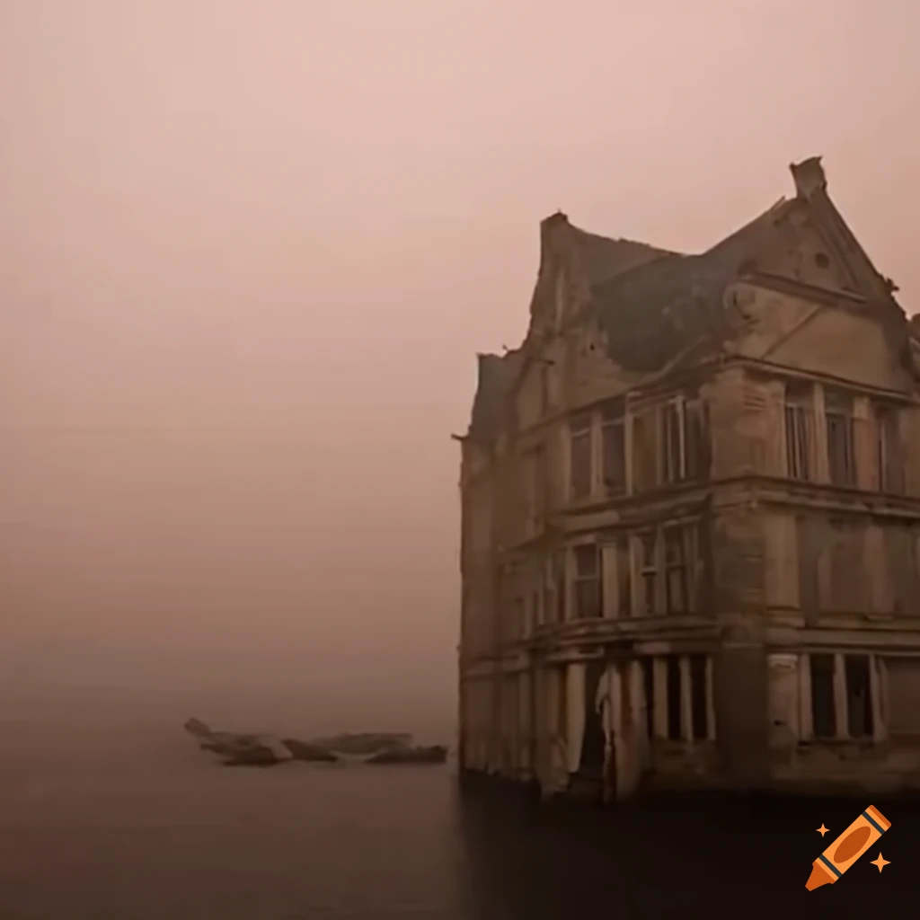 Close-up of abandoned victorian buildings sinking into the ocean in a ...