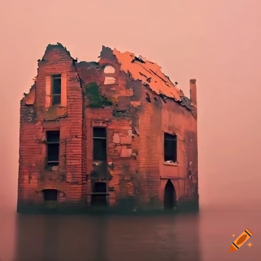 Close-up of abandoned brick buildings sinking into ocean in a pale ...