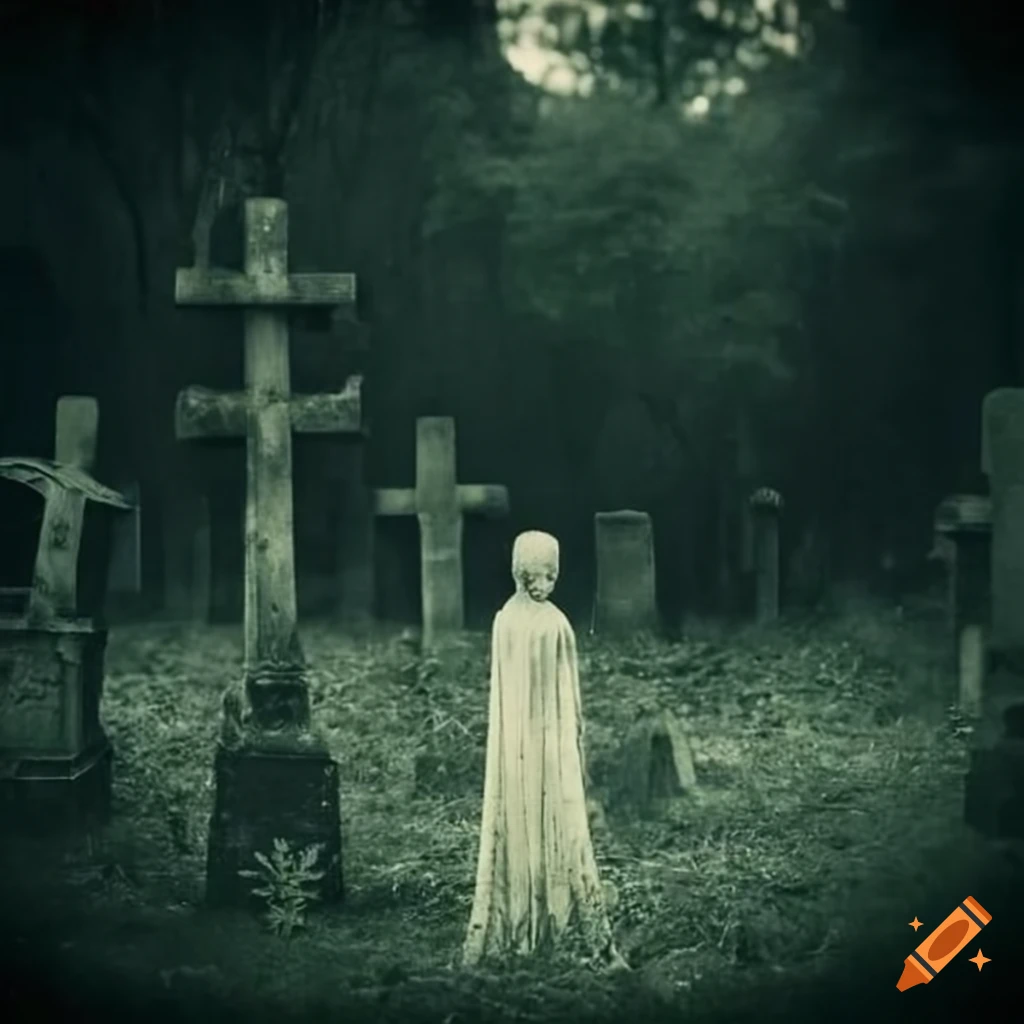 Mysterious figure standing in a decrepit cemetery in vintage photo on ...