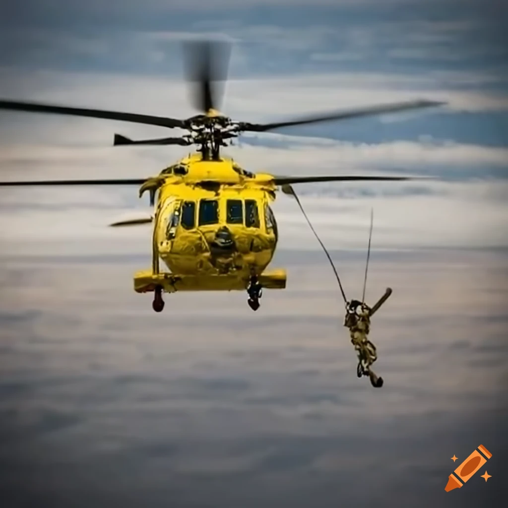 Yellow helicopter with special forces rappelling on Craiyon