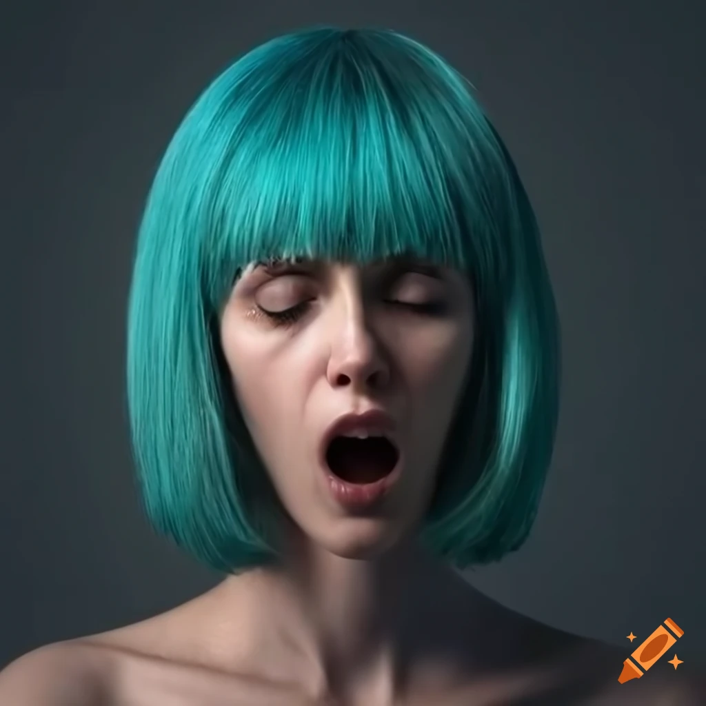 Surprised woman with teal bob hair and open mouth in a photorealistic ...
