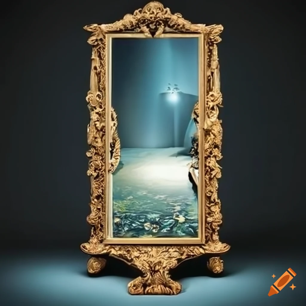 Magic mirror displaying a fantasy world on a table on Craiyon