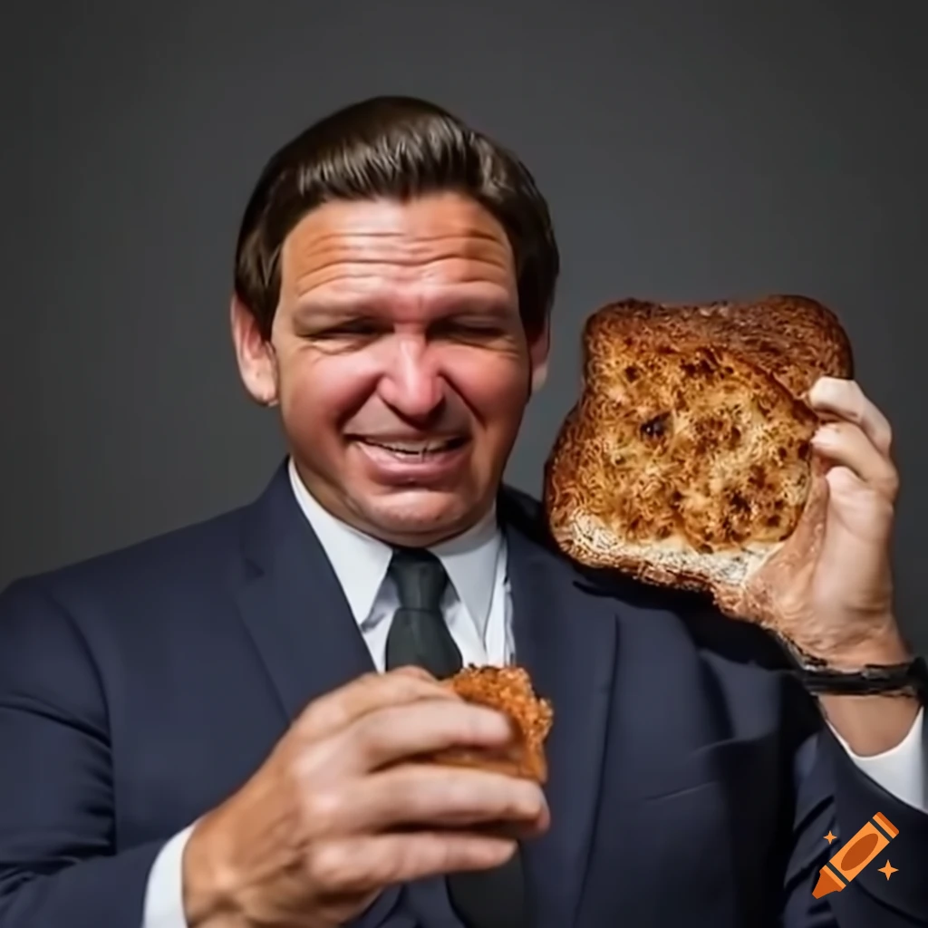 Politician holding burnt toast with a weird expression on Craiyon